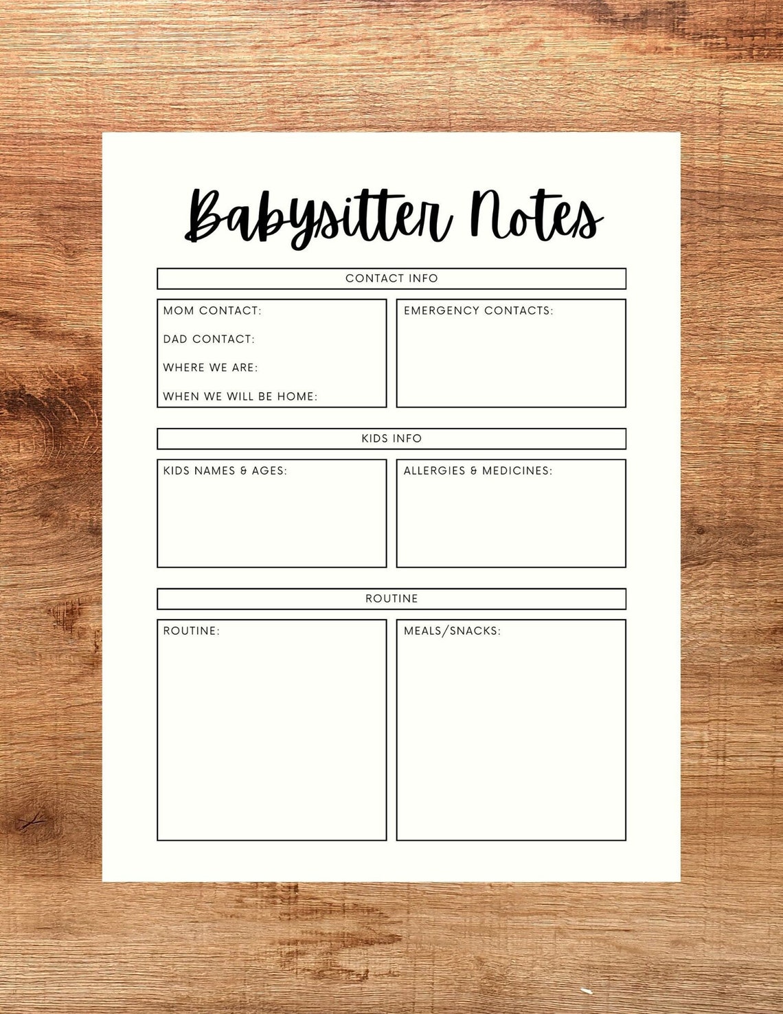 Babysitter Form, Babysitter Notes, Printable Babysitter Sheet ...