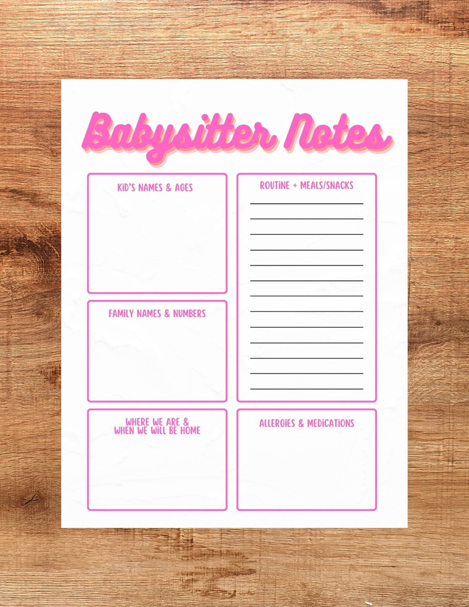 Babysitter Form, Babysitter Notes, Printable Babysitter Sheet ...