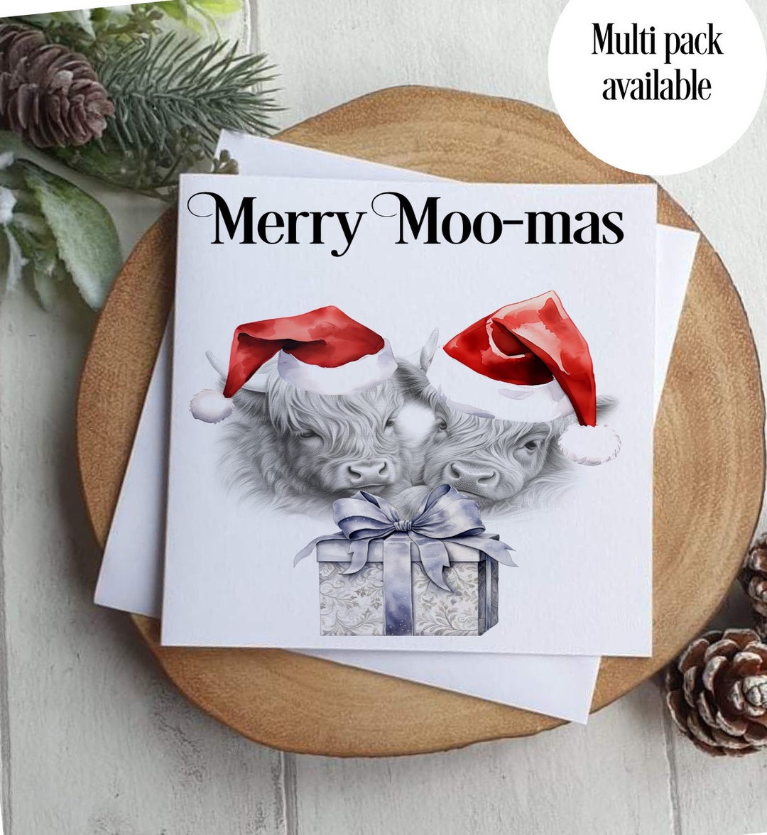 Pair of Sketchy Highland Cow Christmas Card With Merry Moo-mas, - Etsy