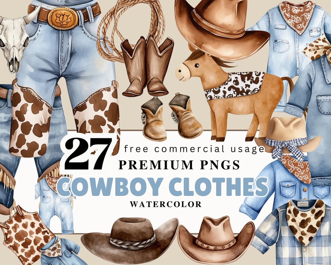 Watercolor Cowboy Clipart: Western Clothes & Accessories (27 PNG Images ...