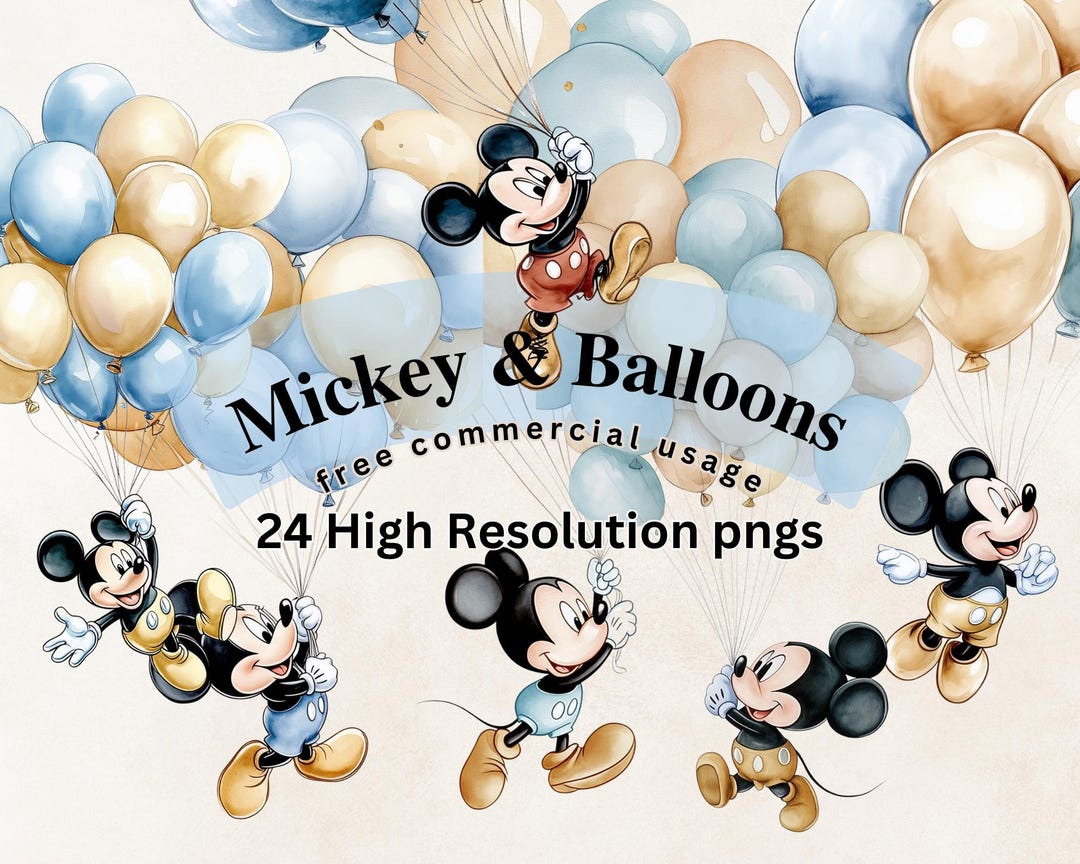 Mickey Mouse Blue Balloons Clipart: Watercolor Pngs (24 Images) - Etsy