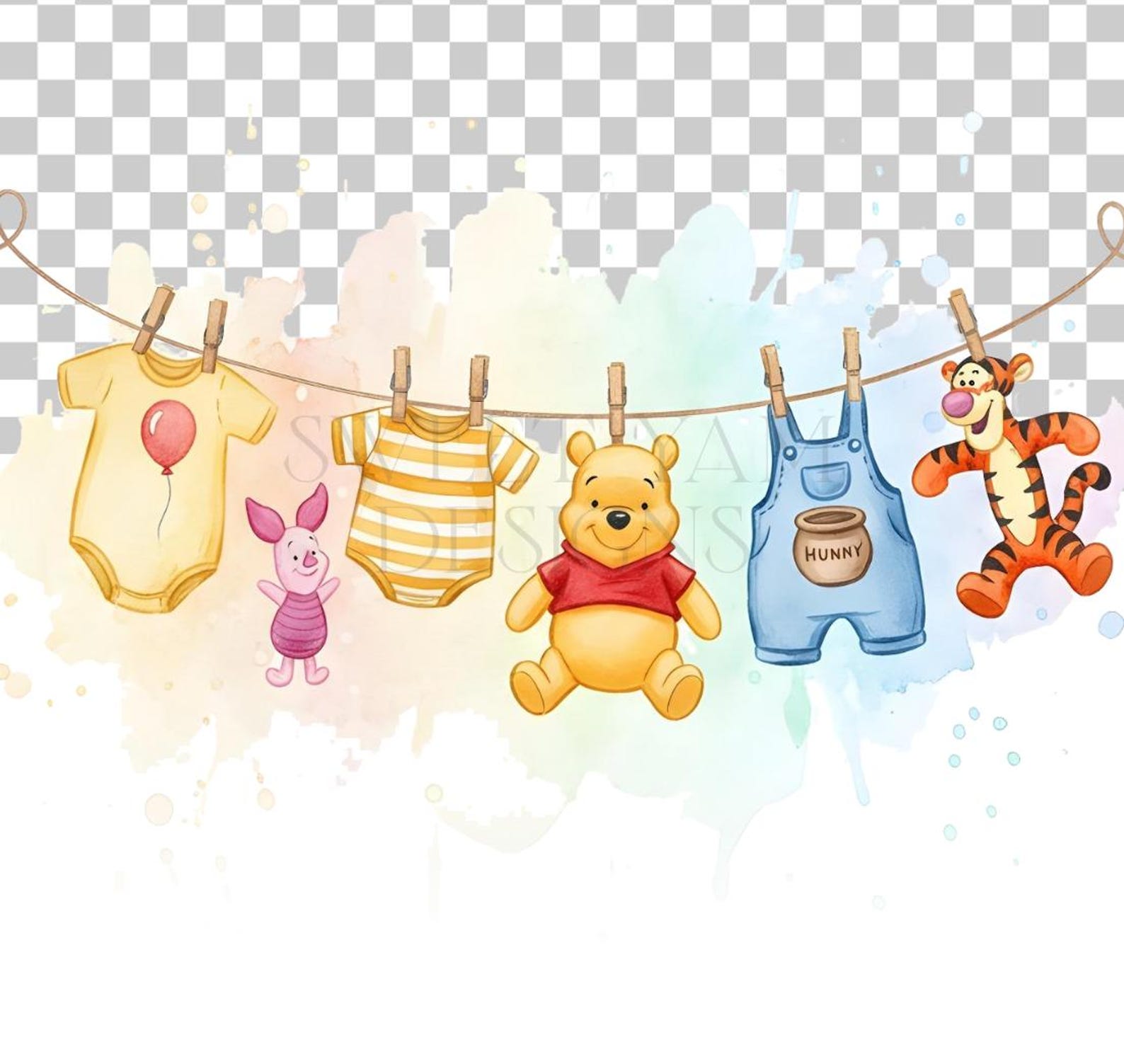 Winnie the Pooh Baby Clothes Clipart: Watercolor Clothesline (PNG ...