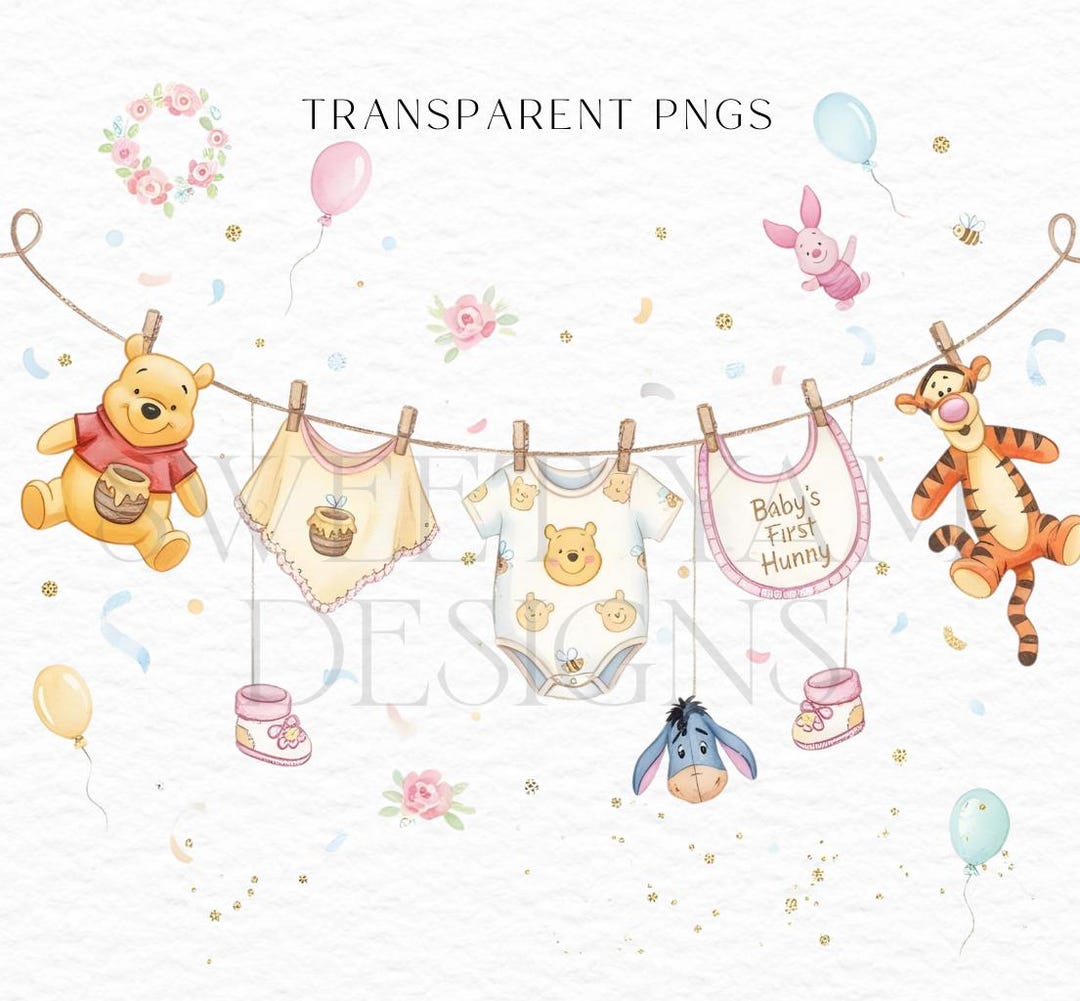 Winnie the Pooh Baby Clothes Clipart: Watercolor Clothesline (PNG ...