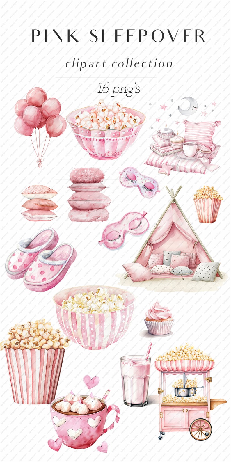 Pink Sleepover Party Clipart: Pillows, Popcorn, Tent (PNG) - Etsy