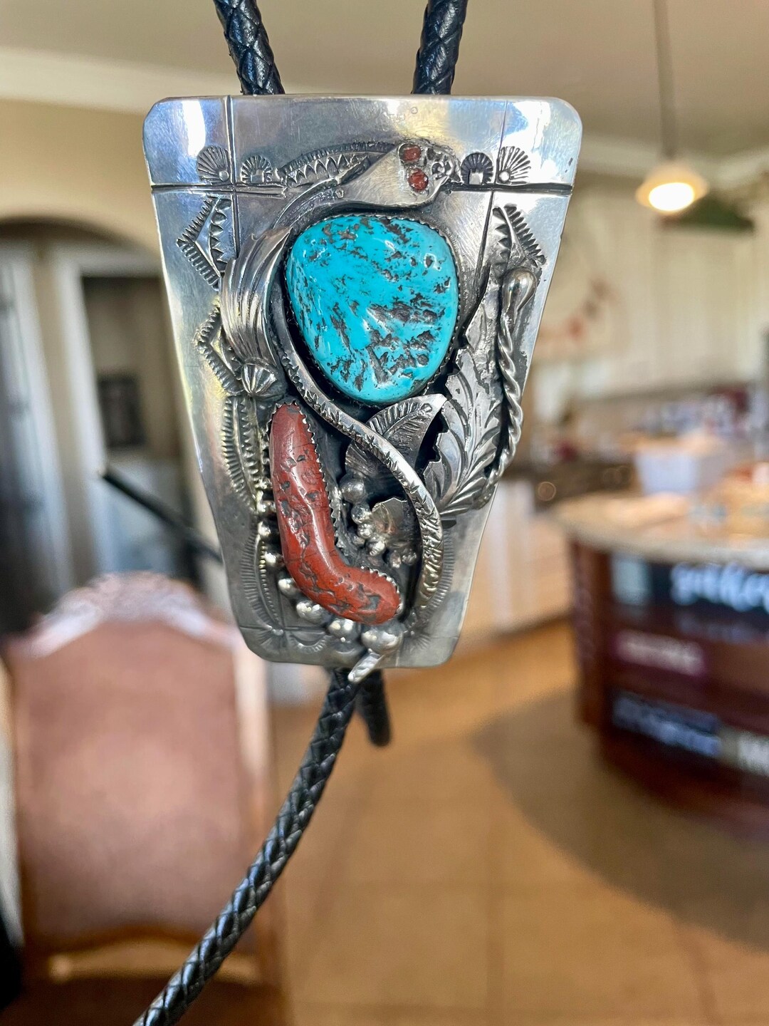 Bola Tie With Turquoise & Coral Stones and Sterling Silver Turquoise ...