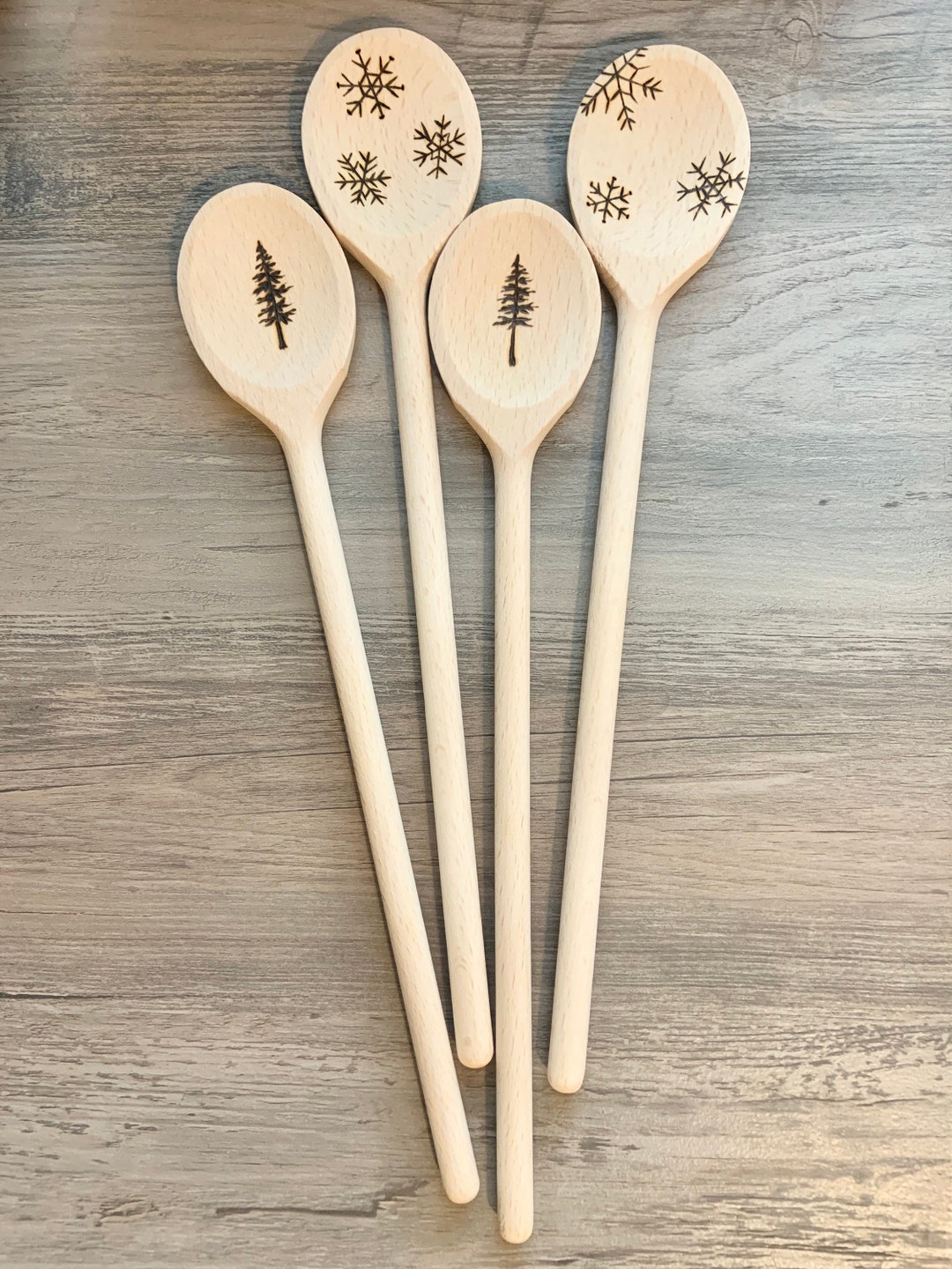 Snowflake and Pine Tree Wooden Spoons, Winter or Christmas Themed ...