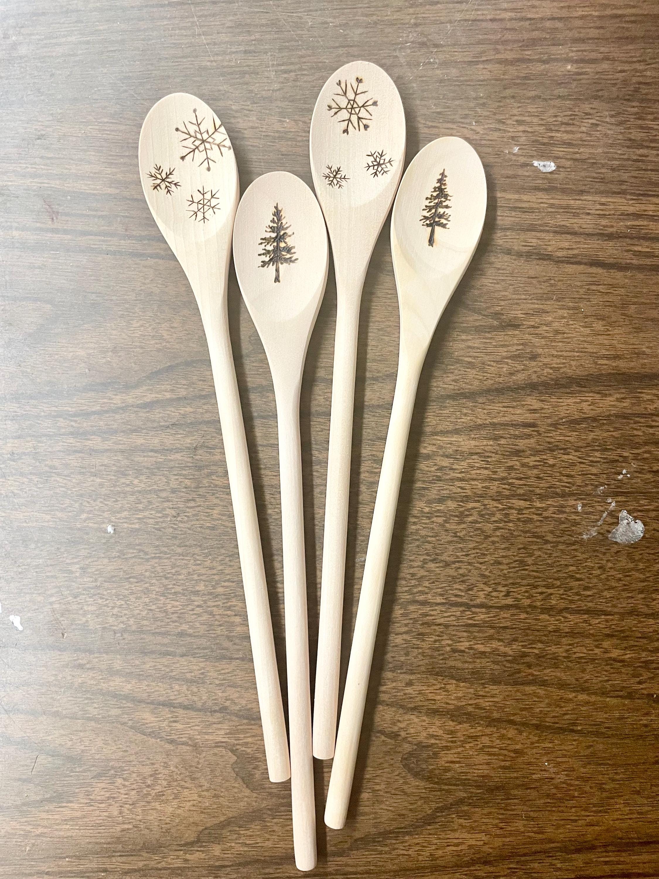 Snowflake and Pine Tree Wooden Spoons, Winter or Christmas Themed ...