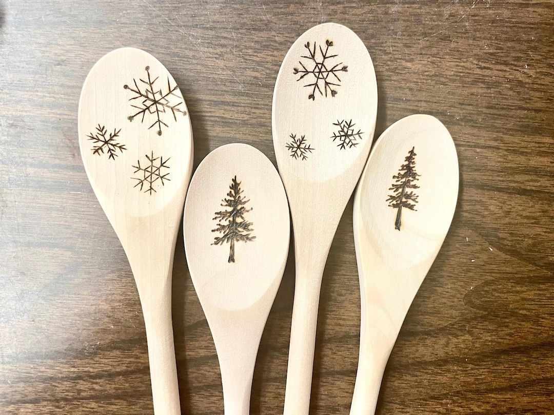 Snowflake and Pine Tree Wooden Spoons, Winter or Christmas Themed ...