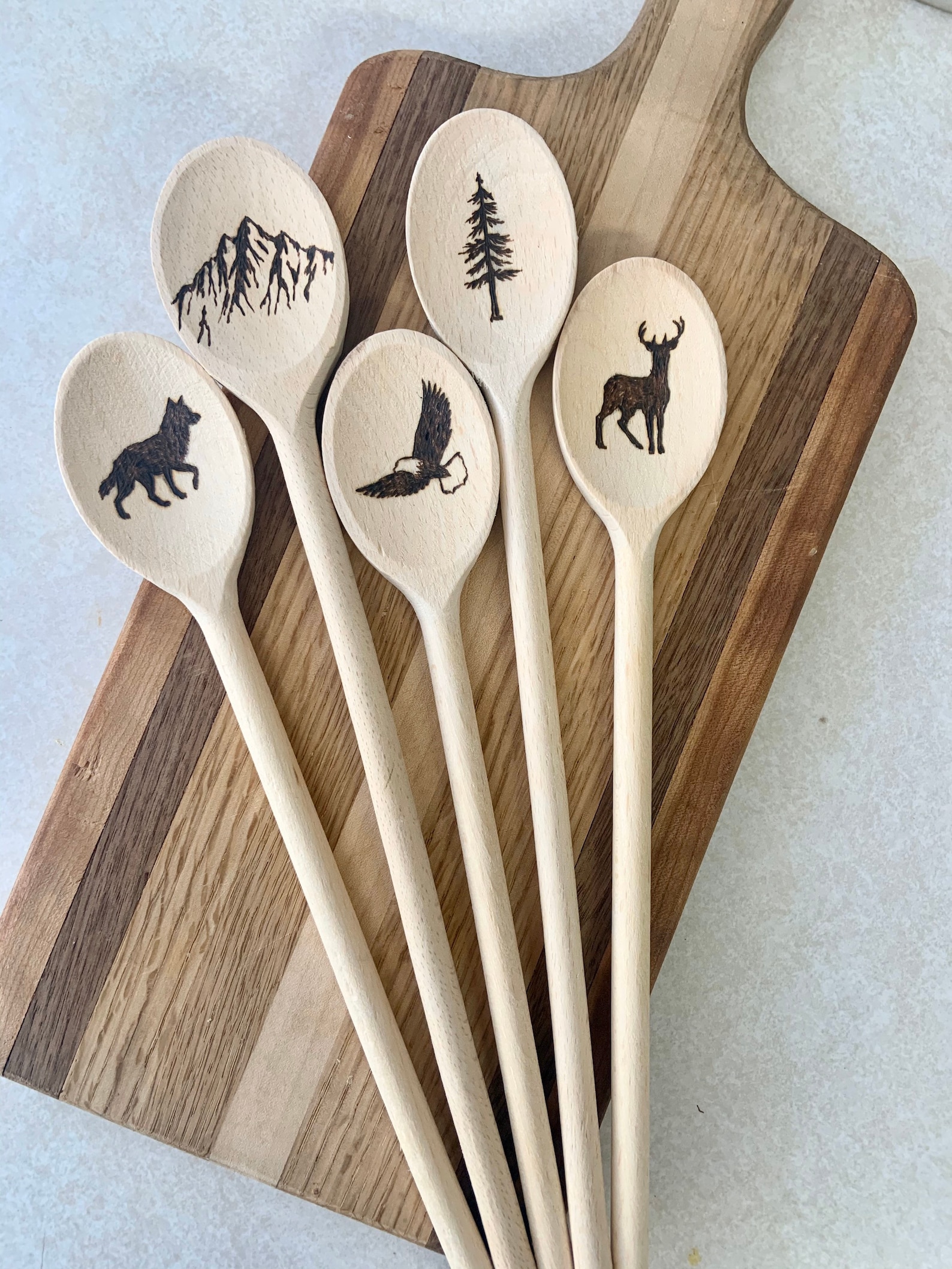 Animals Wood Spoons Deer Wolf Eagle Mountains Pine Tree - Etsy