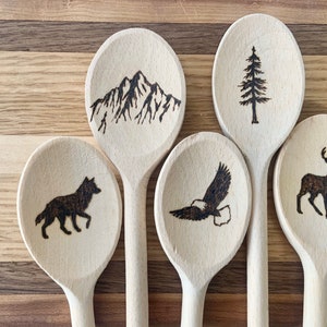 Animals Wood Spoons Deer, Wolf, Eagle, Mountains, Pine Tree Wood Burned ...