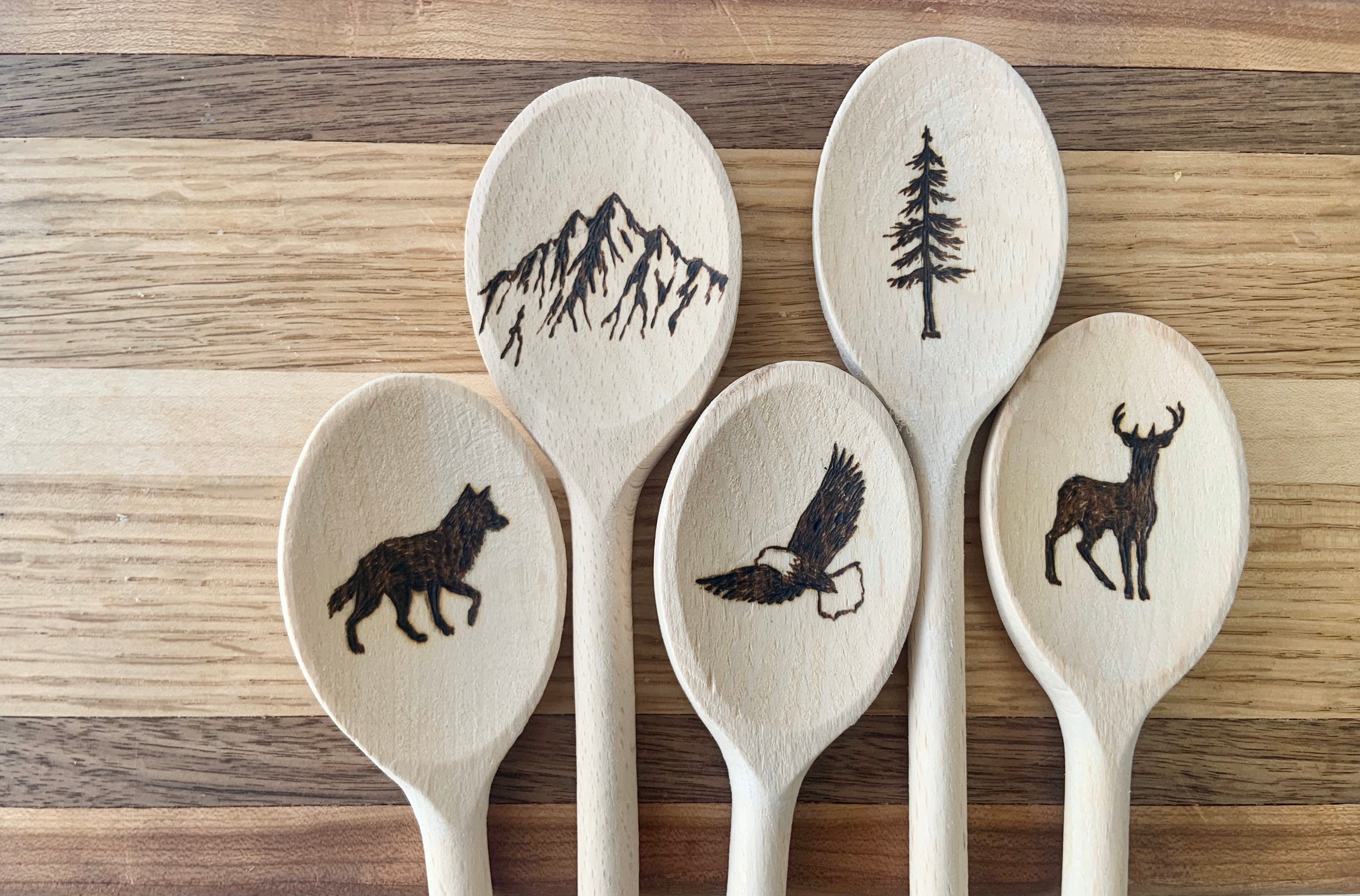 Animals Wood Spoons Deer, Wolf, Eagle, Mountains, Pine Tree Wood Burned ...