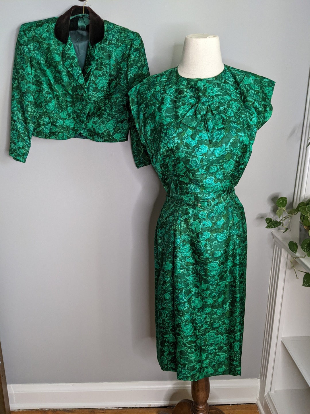 1960's Green Silk Roses Dress Set - Etsy
