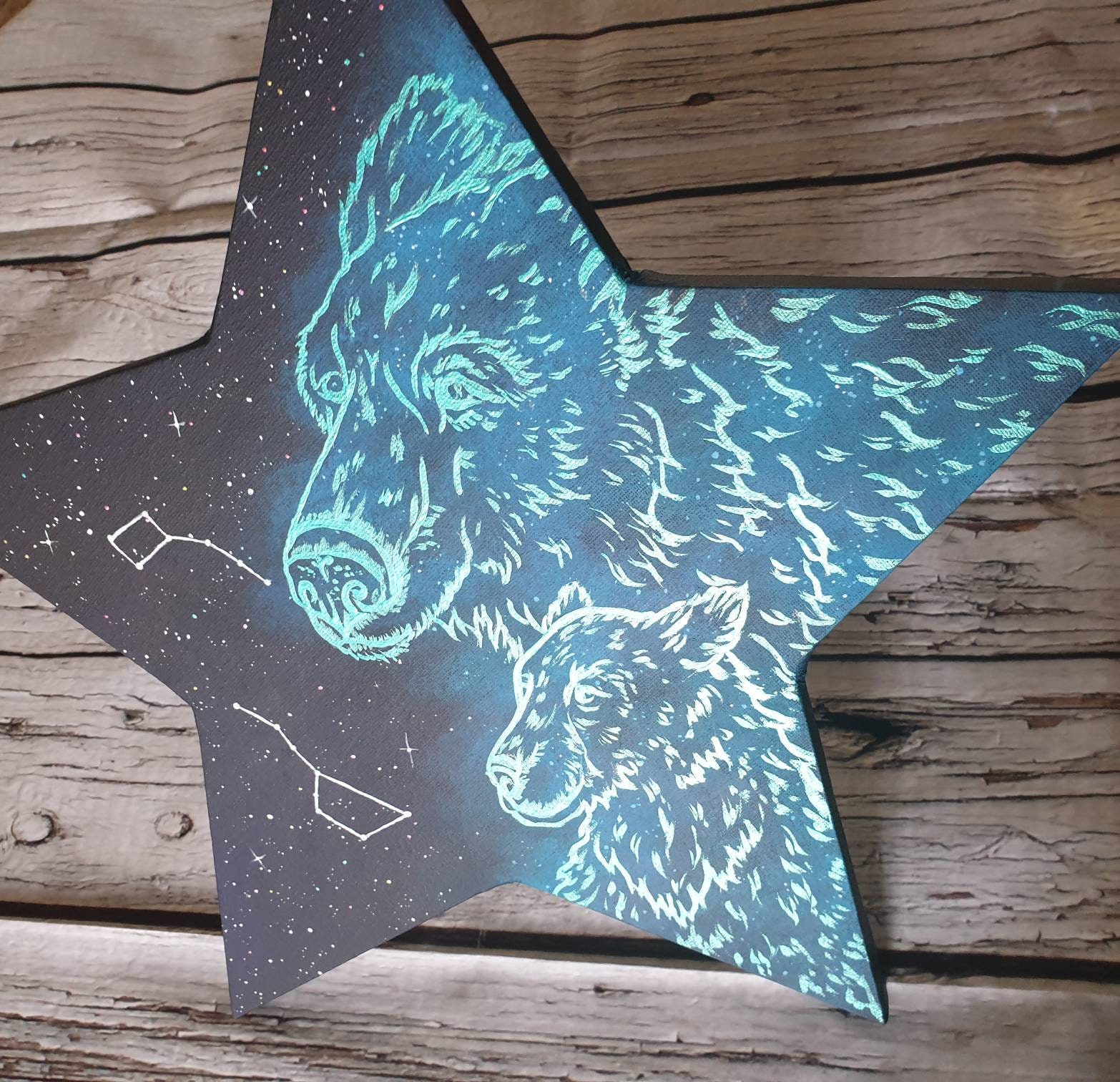 starry bear with cub Bear Original painting on Star Shaped Canvas Ursa ...