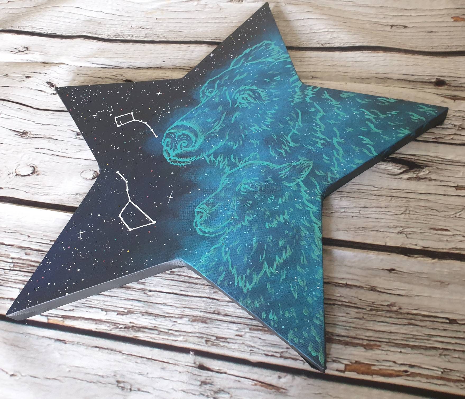 starry bear with cub Bear Original painting on Star Shaped Canvas Ursa ...