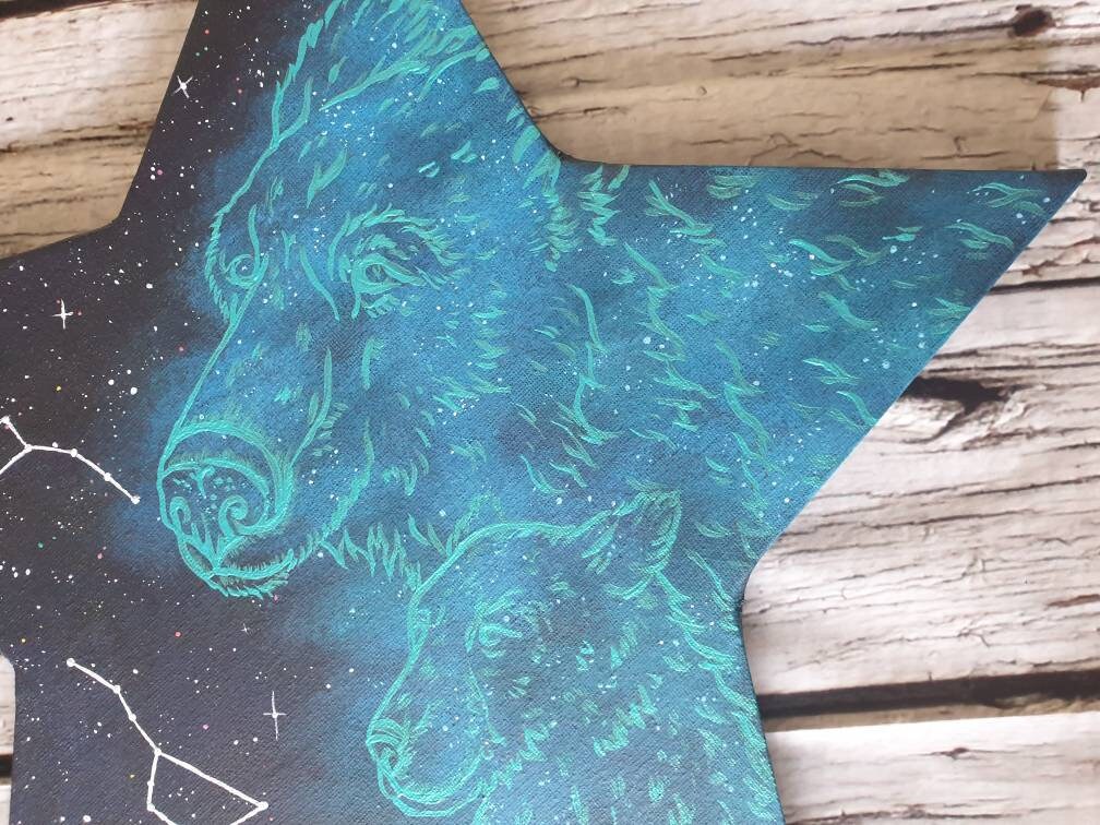 starry bear with cub Bear Original painting on Star Shaped Canvas Ursa ...