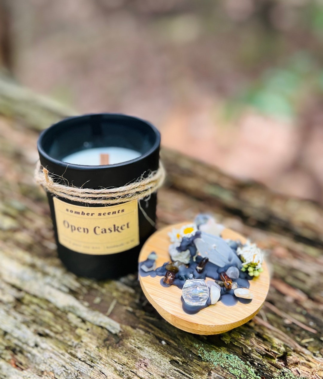 Open Casket Spooky Candle Themed With Top of Trinkets, Floral, Rocks ...
