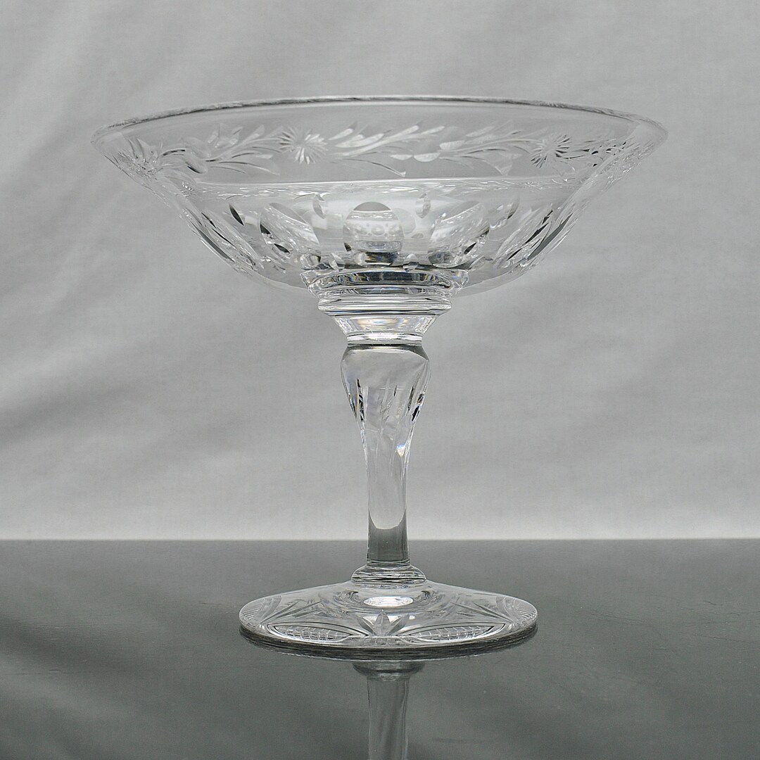 Art Deco Stuart Crystal Cut Floral & Thumbprint Design Compote Bowl ...