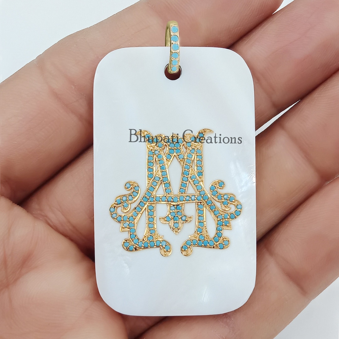 925 Silver Turquoise Monogram Dog Tag, Pearl Pendant - Etsy