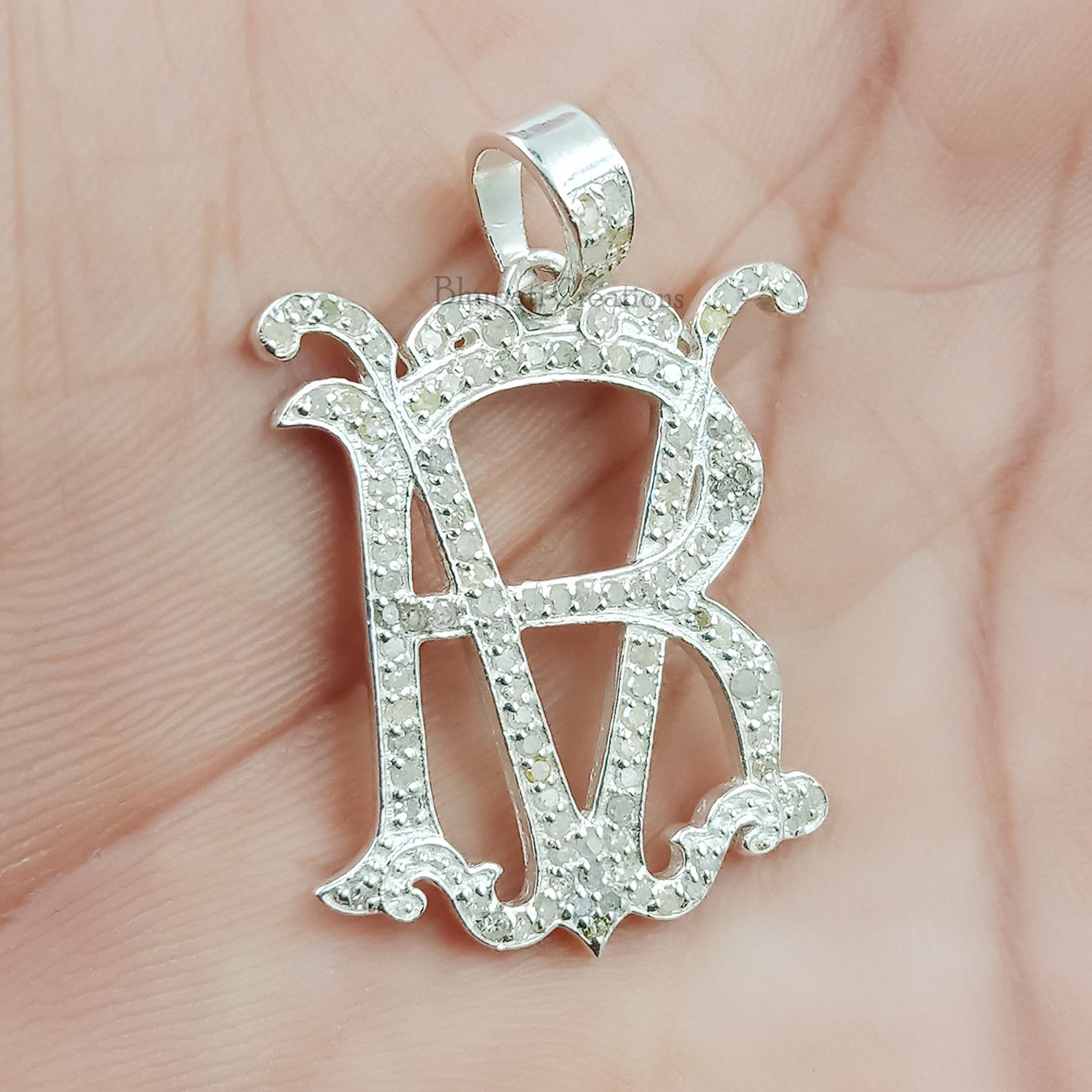 Pave Diamond RV-VR Letter Monogram, Handmade Silver Diamond Monogram ...