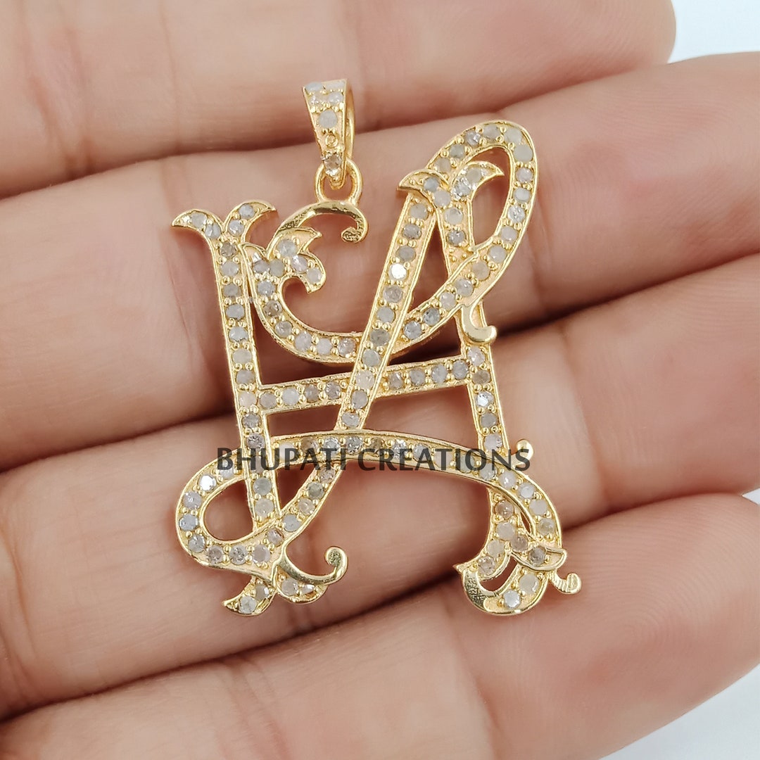 14k Solid Gold Pave Diamond Monogram Pendant, Vintage Monogram Pendant ...