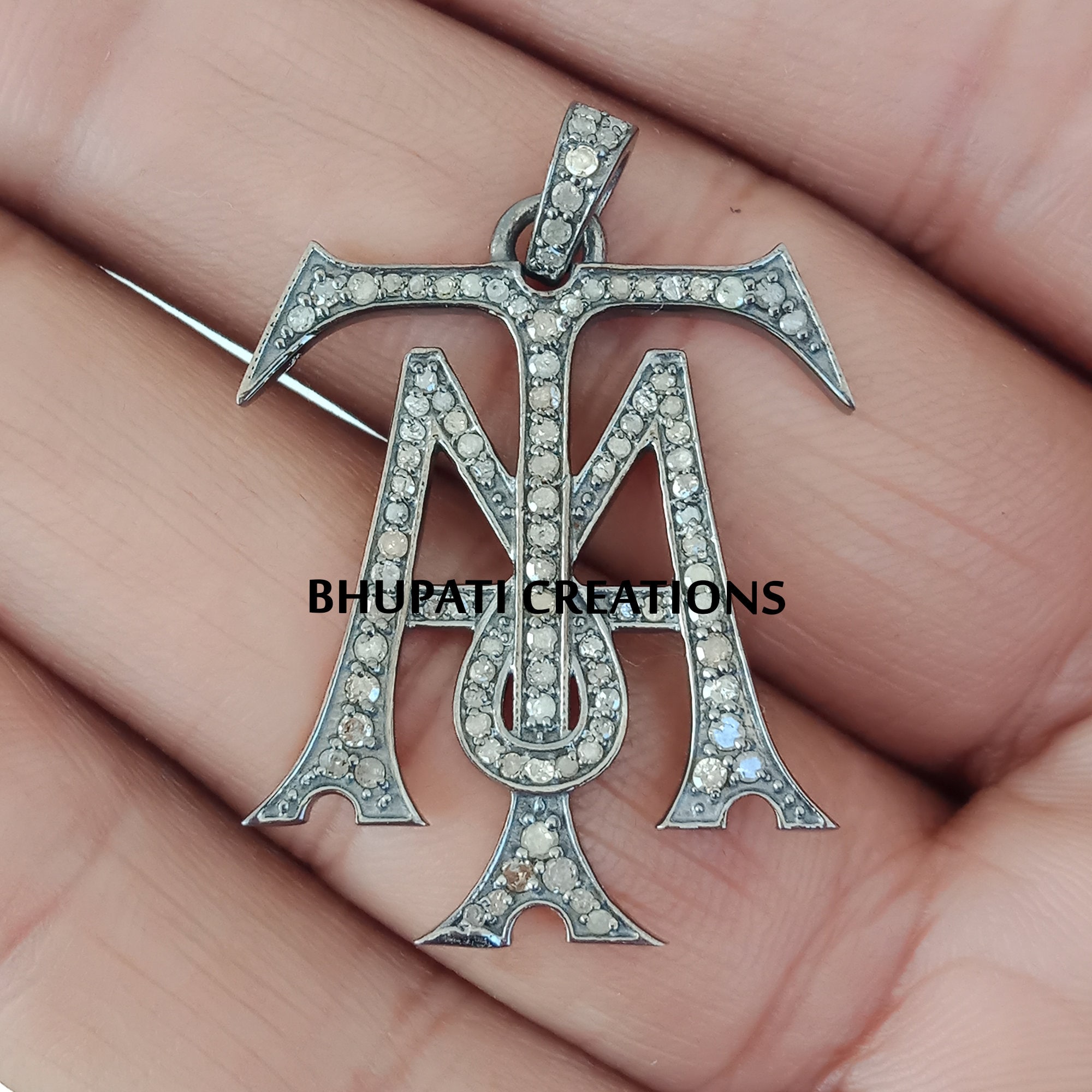 Pave Diamond TM MT Monogram Pendant Handmade Silver Diamond - Etsy