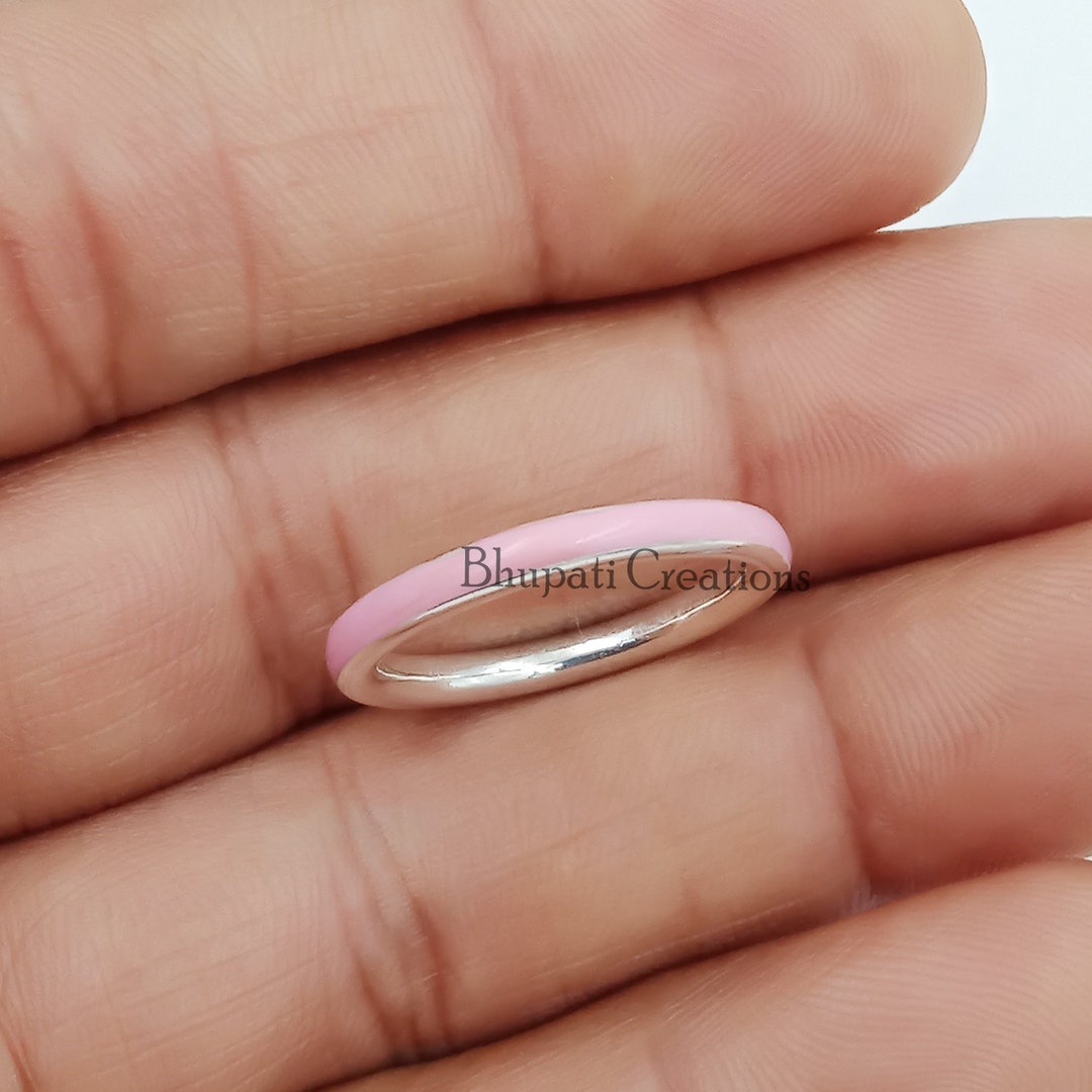 925 Silver Single Band Ring Pink Enamel Stacking Band Ring Jewelry - Etsy