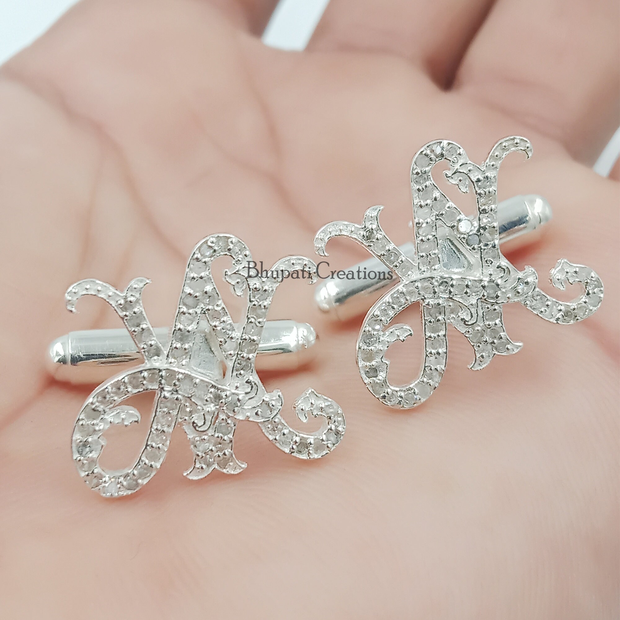Handmade Diamond Initial Cuff Links, Gray 925 Silver Monogrammed ...