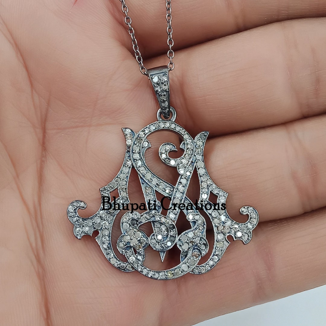 Oxidized Sterling Silver Diamond Monogram Pendant, MS-SM Initial - Etsy