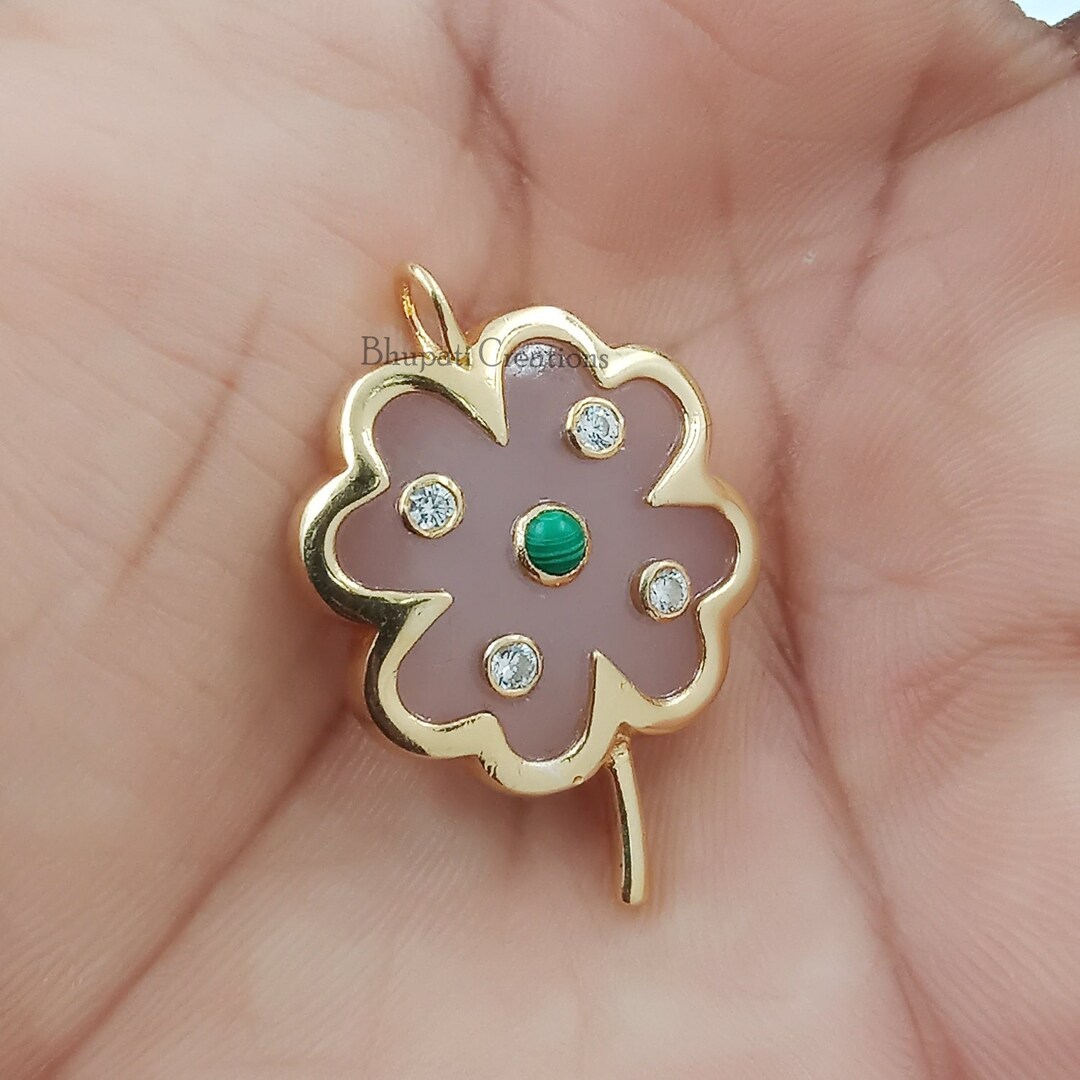 14K Gold Plated Clover Pendant, Rose Quartz Clover Pendant, Handmade ...