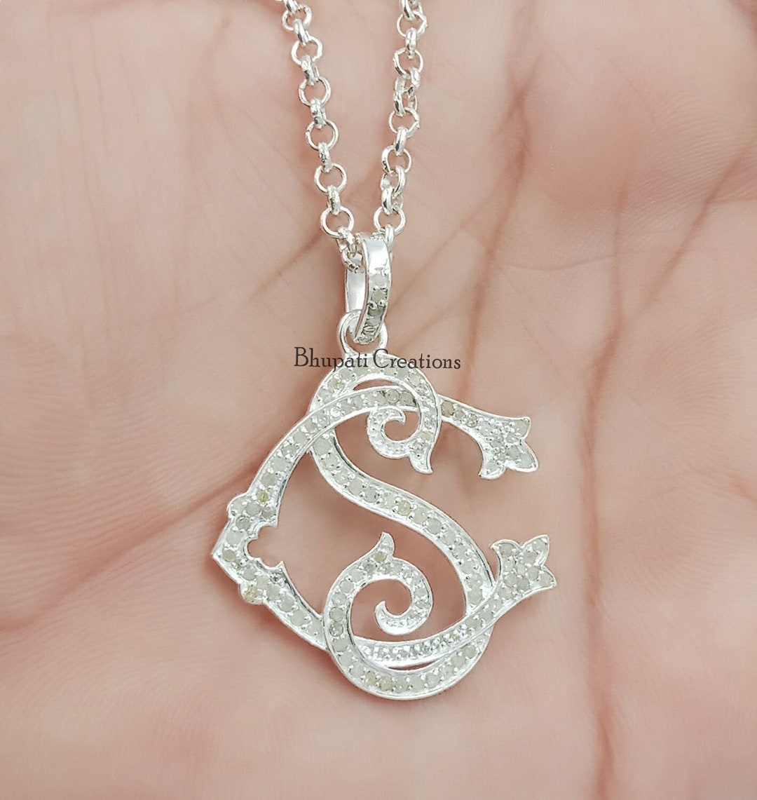 Pave Diamond Silver Monogram, CS Letter Monogram Pendant, Necklace ...
