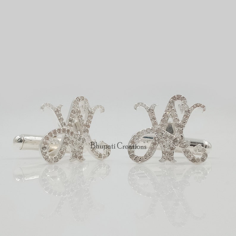 Handmade Diamond Initial Cuff Links, Gray 925 Silver Monogrammed ...