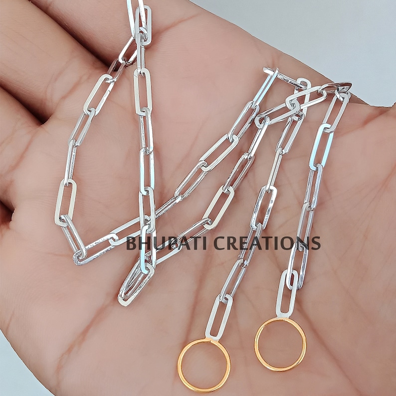 925 Sterling Silver Bar Link Chain, Silver Paper Clip Chain With Gold ...
