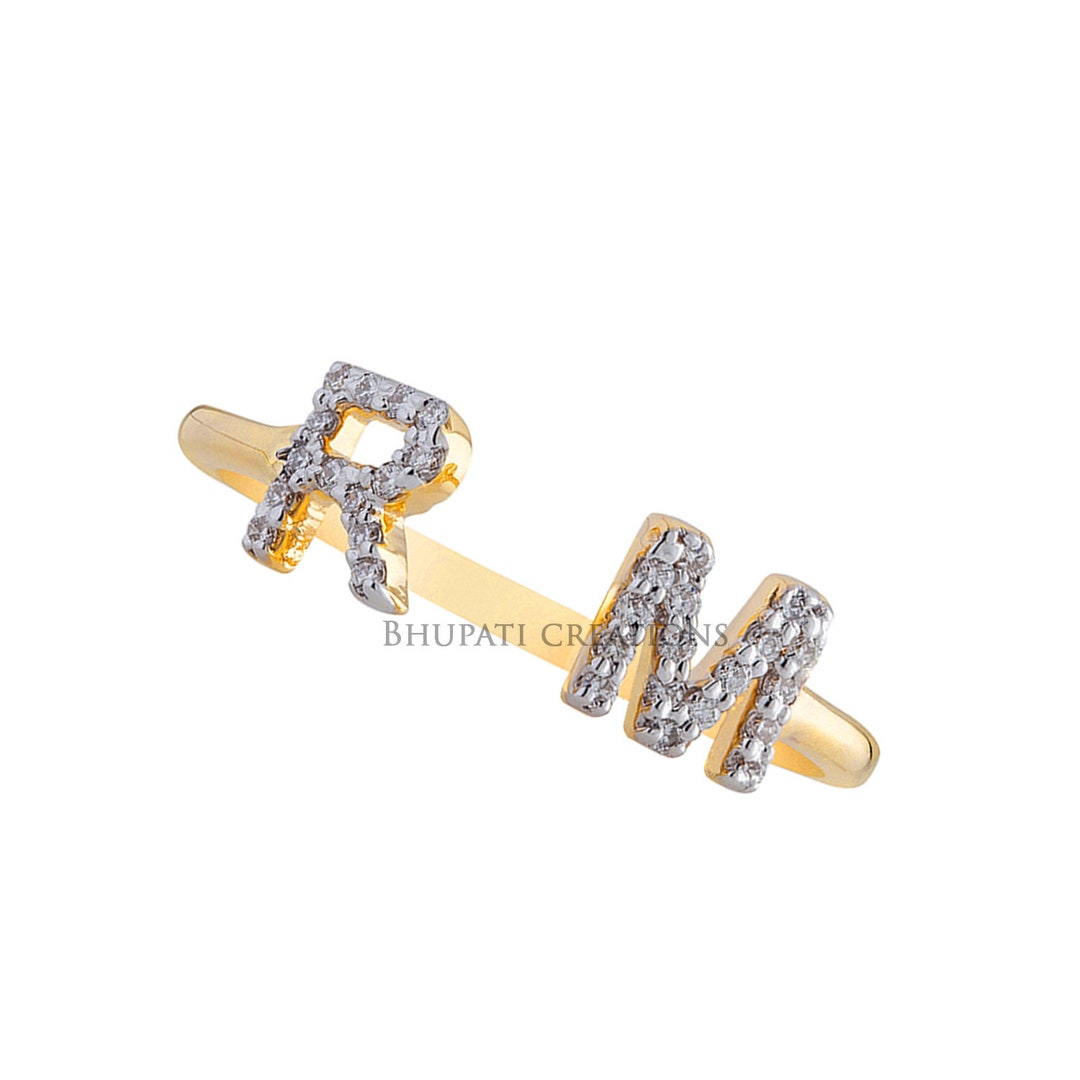 Pave Diamond 2 Letter Initial Ring Jewelry 14k Yellow Gold - Etsy