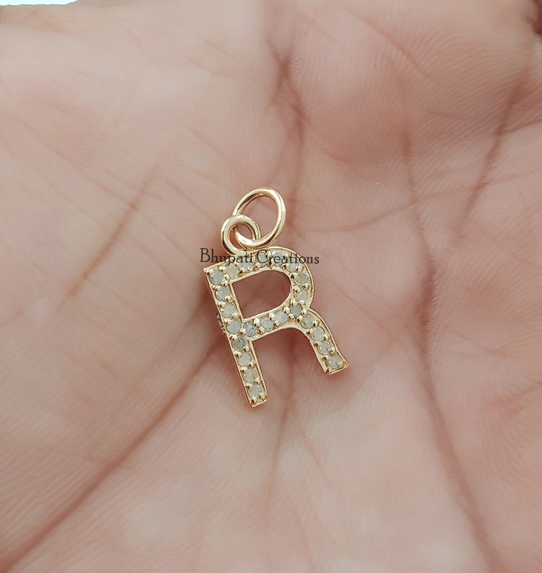 14K Yellow Gold Custom Letter Charm, Diamond Gold R Letter Charm, Gold ...
