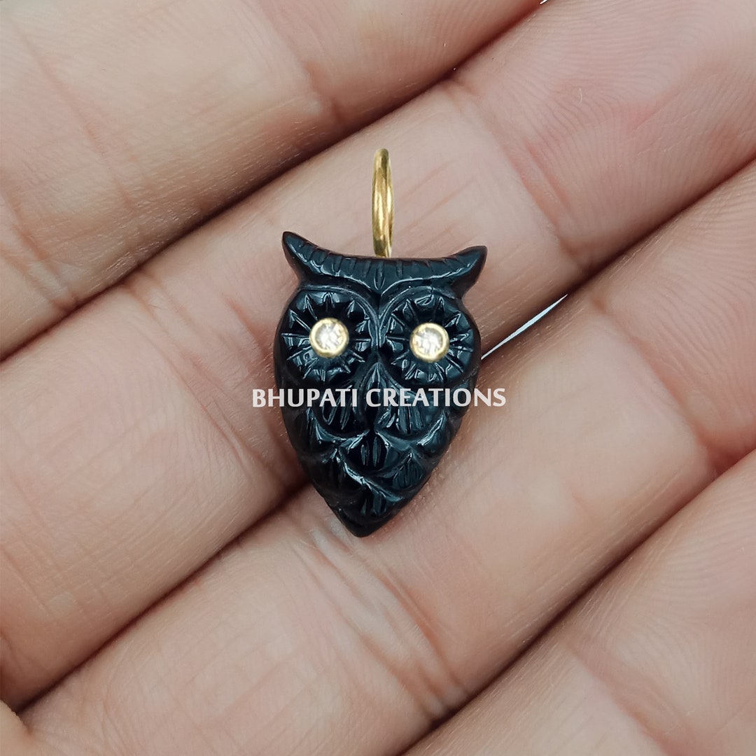 Handmade Carved Black Onyx Owl Charm, CZ Eyes - Etsy