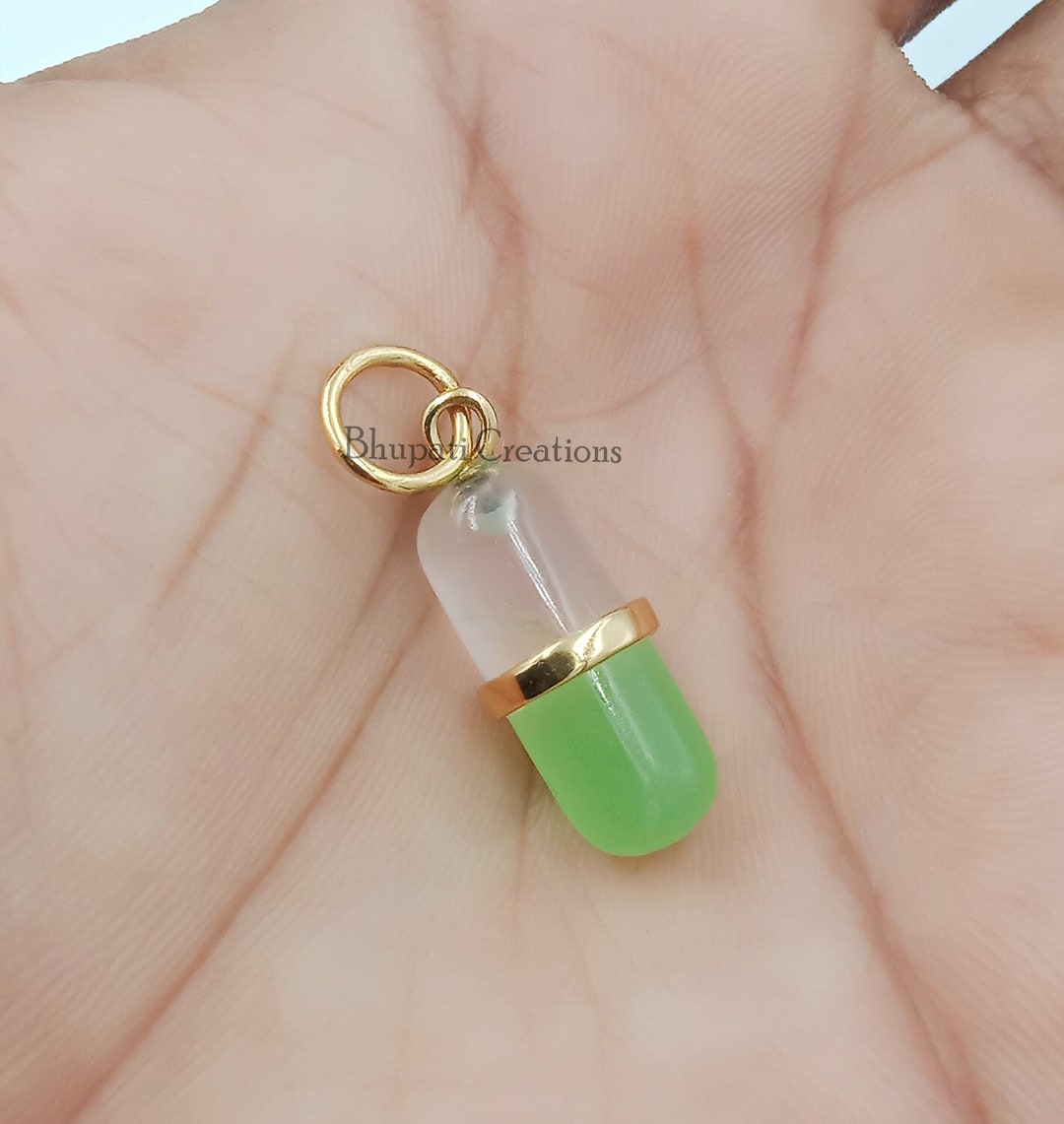 14K Gold Plated Pill Charm, Pink Quartz & Green Opal Carving Pill Charm ...