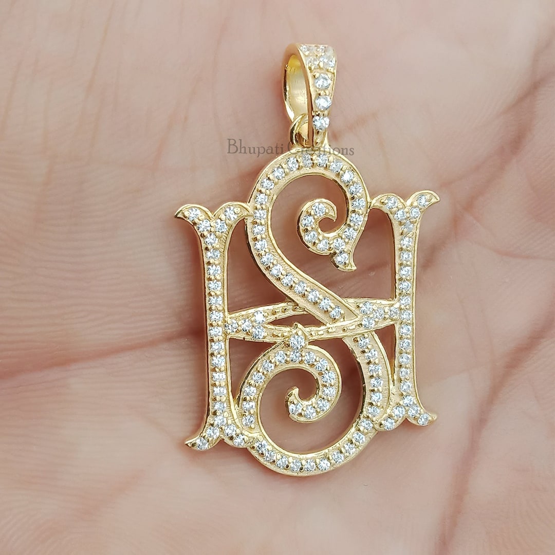 14K Yellow Gold Plated Monogram, Cubic Zirconia HS-SH Letter Monogram ...