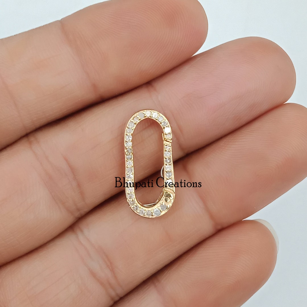 14k Solid Gold Diamond Charm Holder Lock, Oval Charms Holder Lock, Pave ...