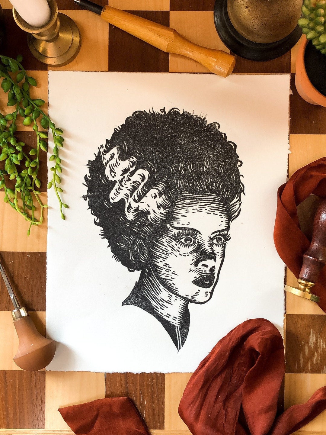 Bride of Frankenstein Print | 8x10 Unframed | Original Handmade Art Print | Linocut Blockprint ...