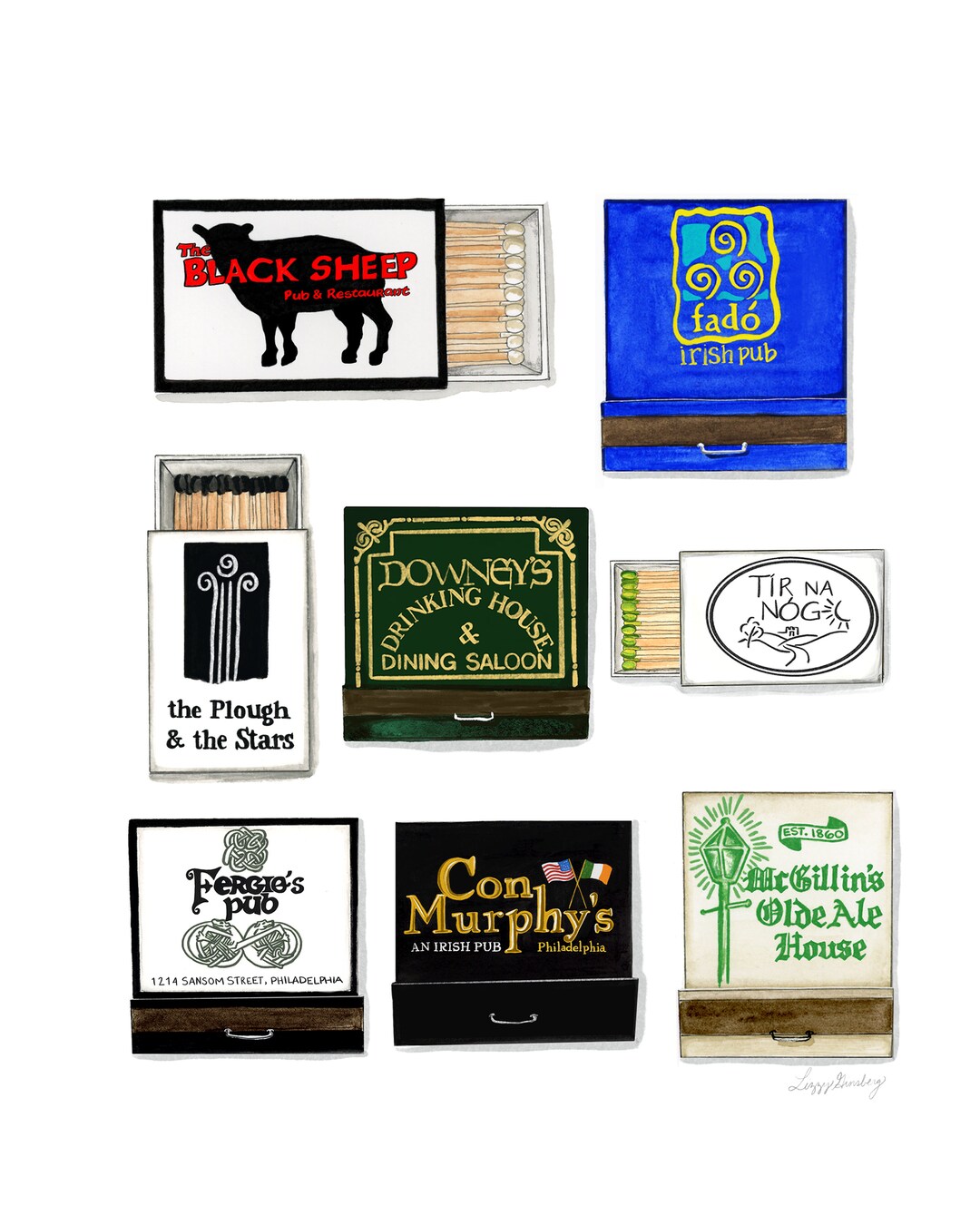 Philadelphia Irish Pub Matchbook Collection - High-quality Giclee Print ...
