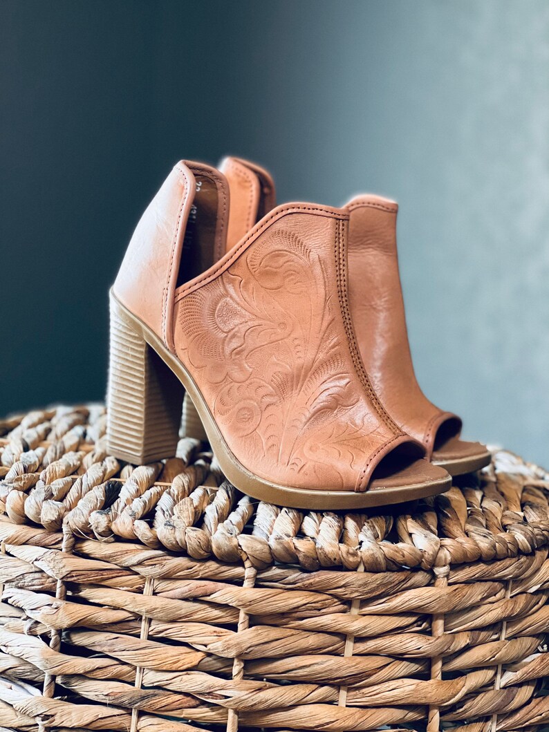 Leather Mexican Tooled Open Toe Boots Mexican Style Boho - Etsy