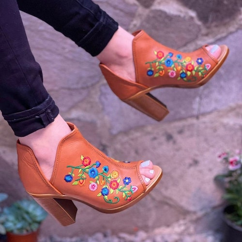 Leather Mexican Embroidery Open Toe Boots Mexican Style Boho - Etsy