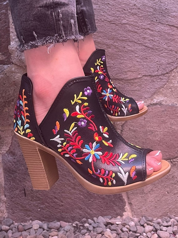 Leather Mexican Embroidery Open Toe Boots Mexican Style Boho - Etsy