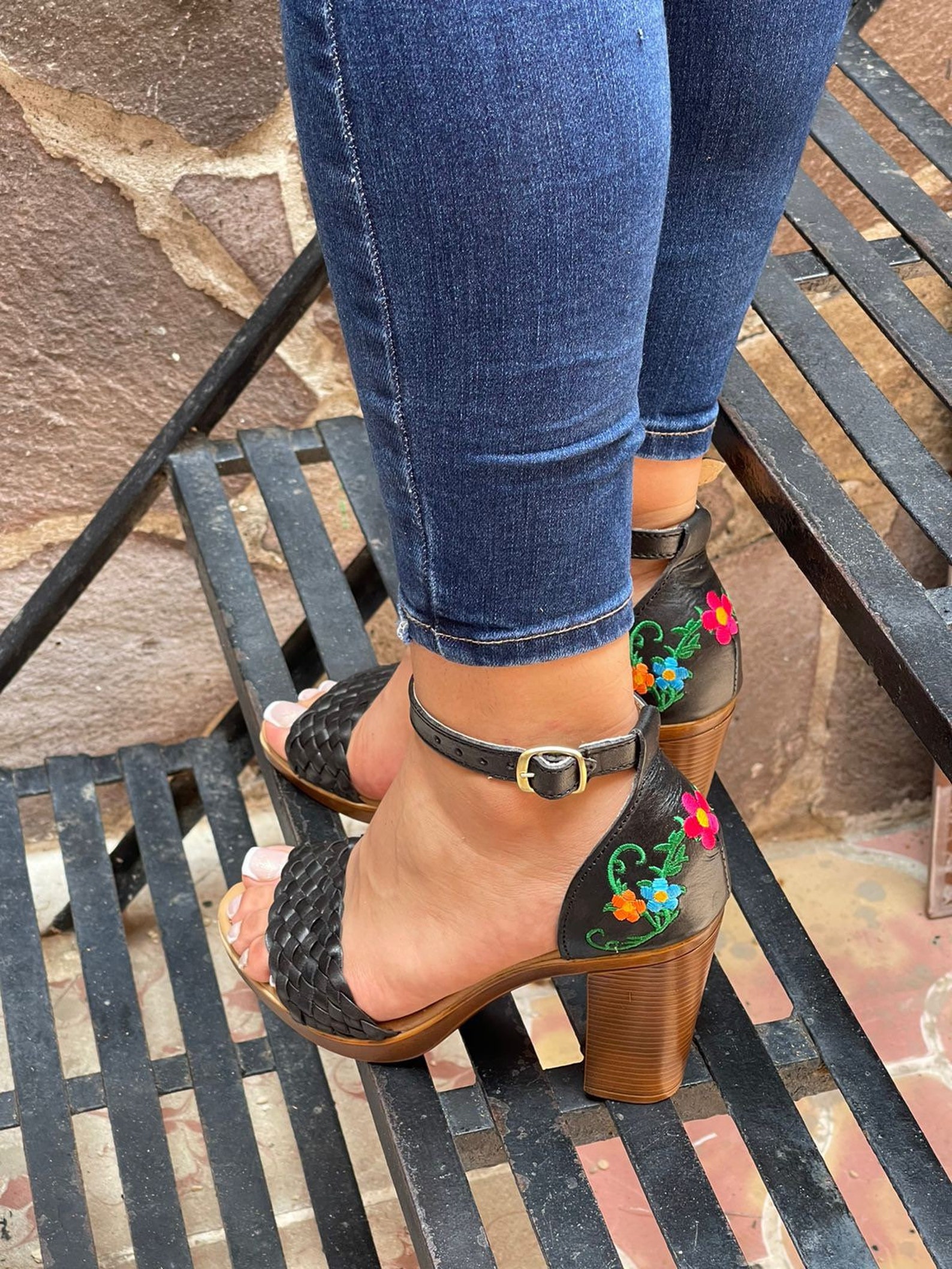 Leather Embroidered Mexican High Heel Huarache Mexican Style - Etsy