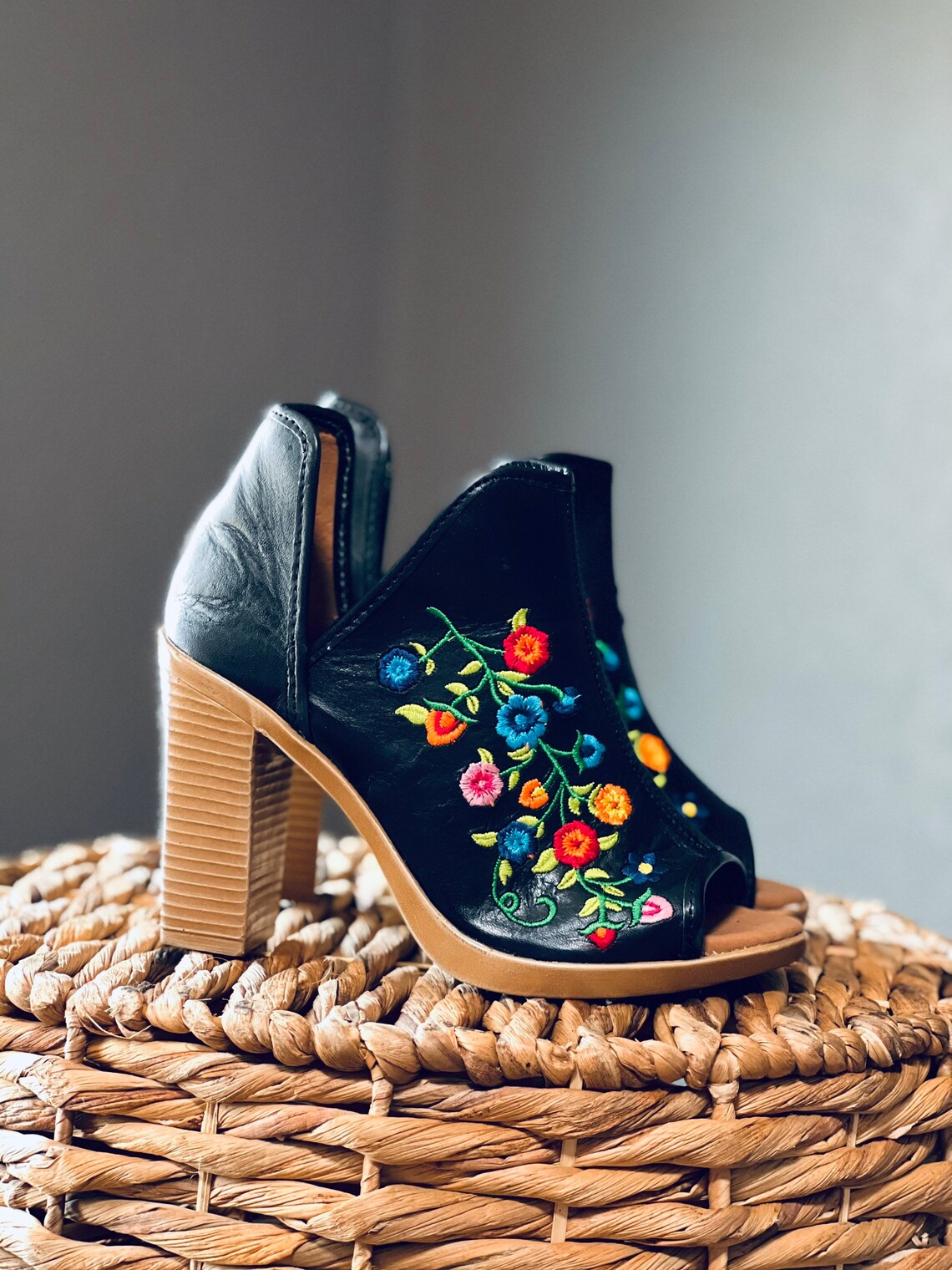 Leather Mexican Embroidery Open Toe Boots - Mexican Style Boho Hippie ...