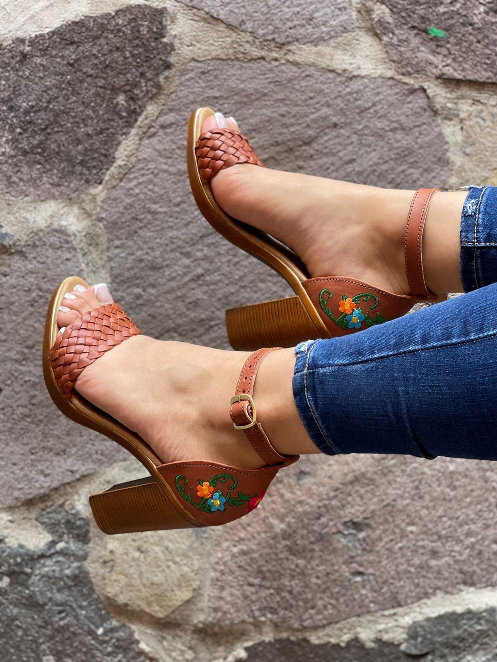Leather Embroidered Mexican High Heel Huarache Mexican Style - Etsy