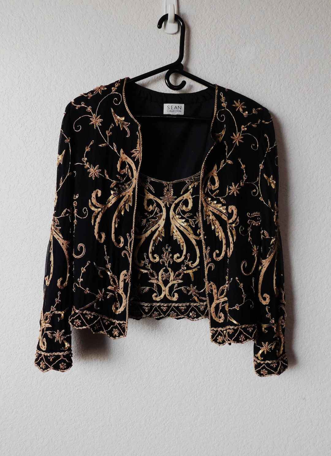 Sean Collection Size M Hand Stitched Beaded Squin Silk Jacket Tank Set ...