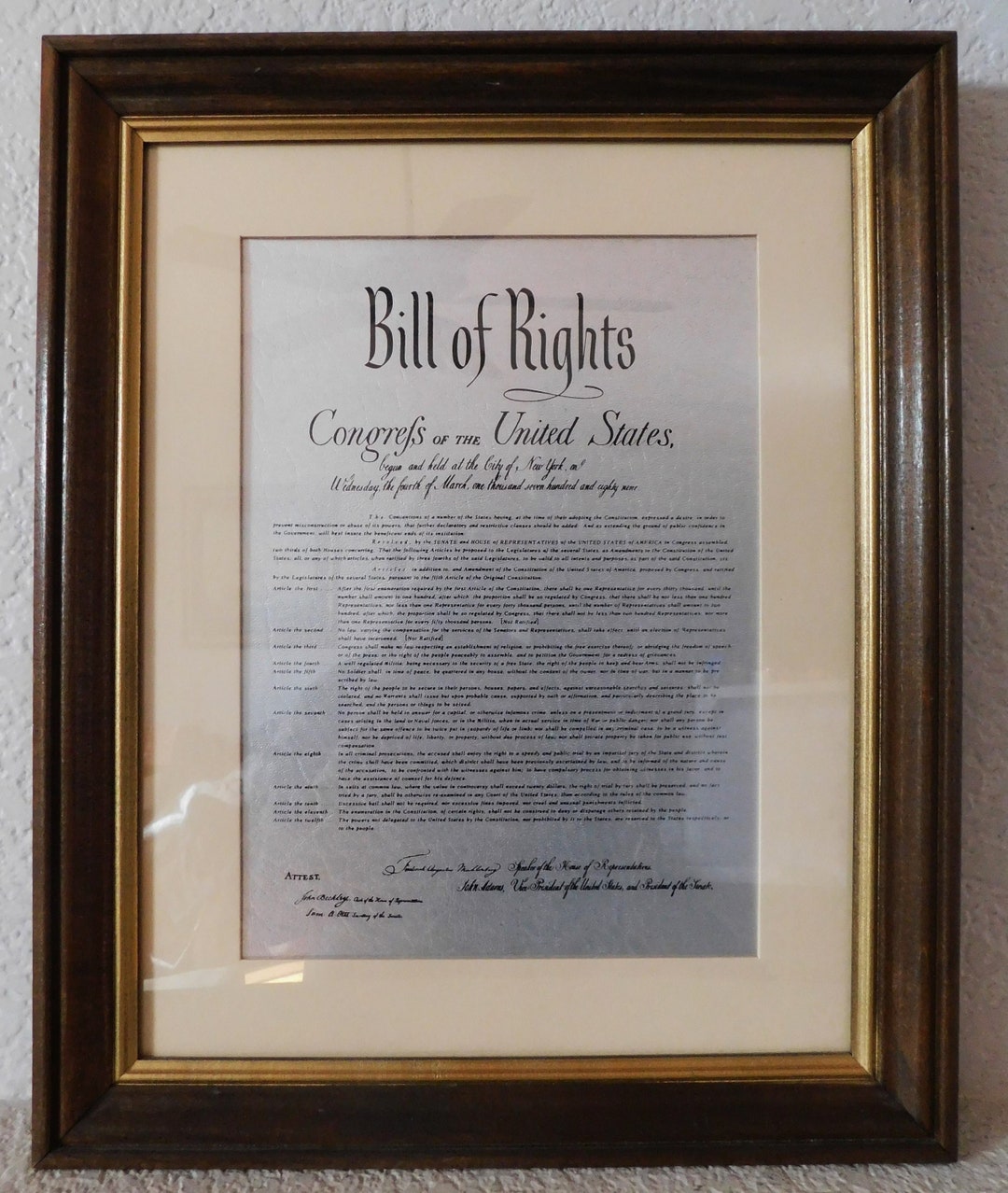 Congress of the United States Framed Bill of Rights/framed Wall Hanger ...