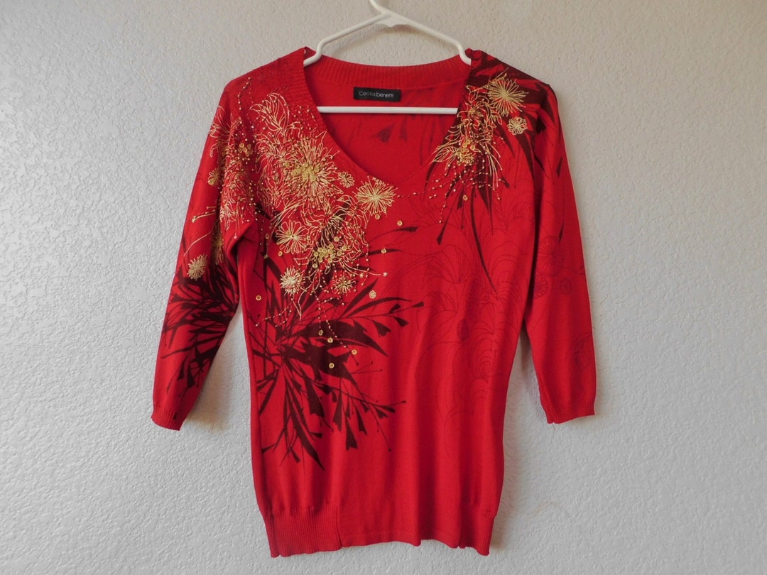 Cecilia Benetti Size M Red Knit Top/red Gold Embellished Beads Red Knit ...