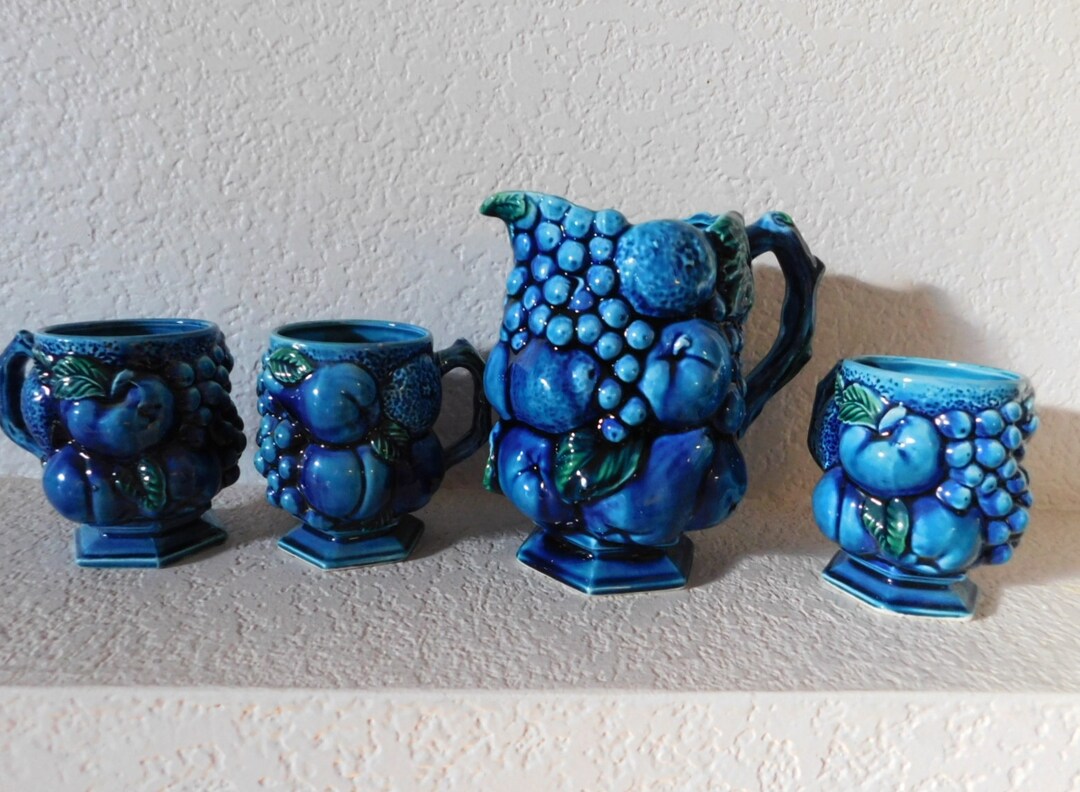 Inarco Ceramic Pitcher With Three Cups/ Blue Moon Fruits Design Made in ...